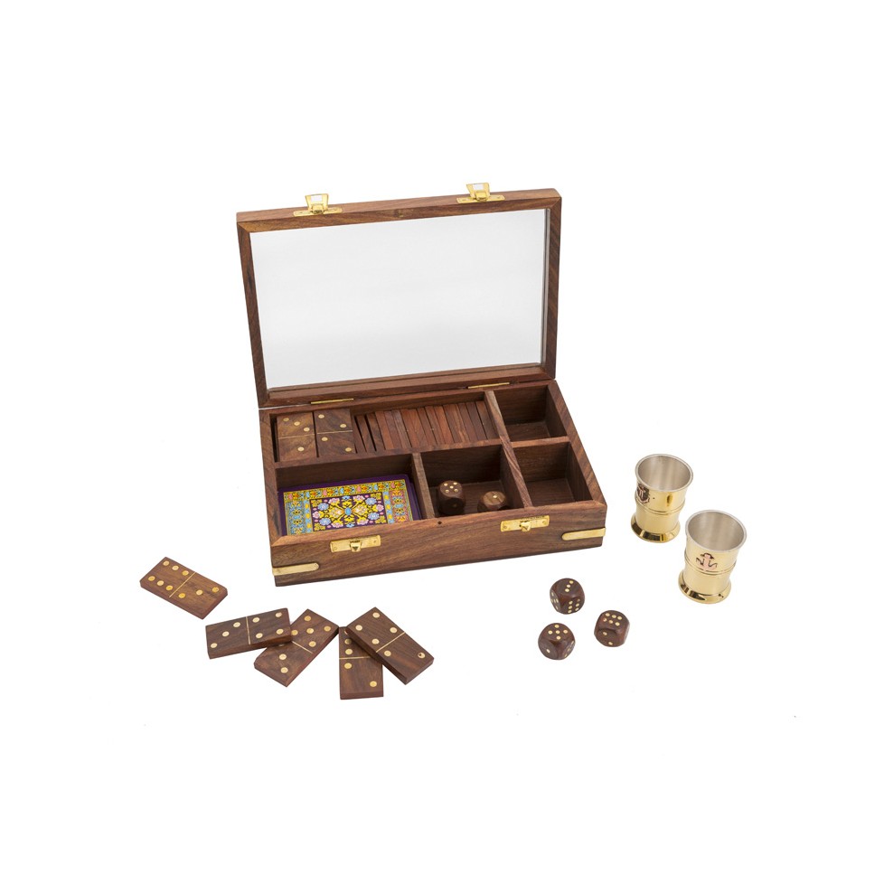 TABLE GAMES AND TWO "SHOTS" CUPS IN A PALISANDRO BOX