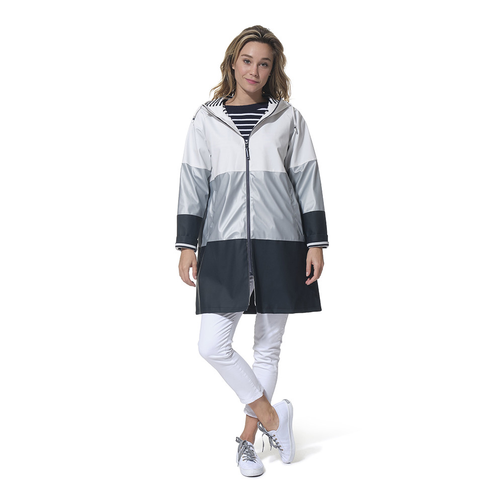 "NAUSICA" NAUTICAL WHITE, SILVER AND NAVY BLUE RAINCOAT FOR WOMEN