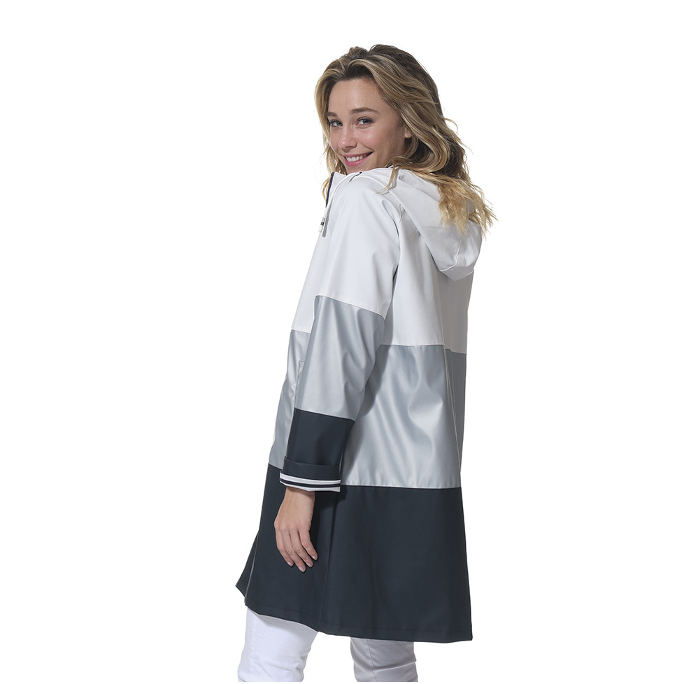 "NAUSICA" NAUTICAL WHITE, SILVER AND NAVY BLUE RAINCOAT FOR WOMEN