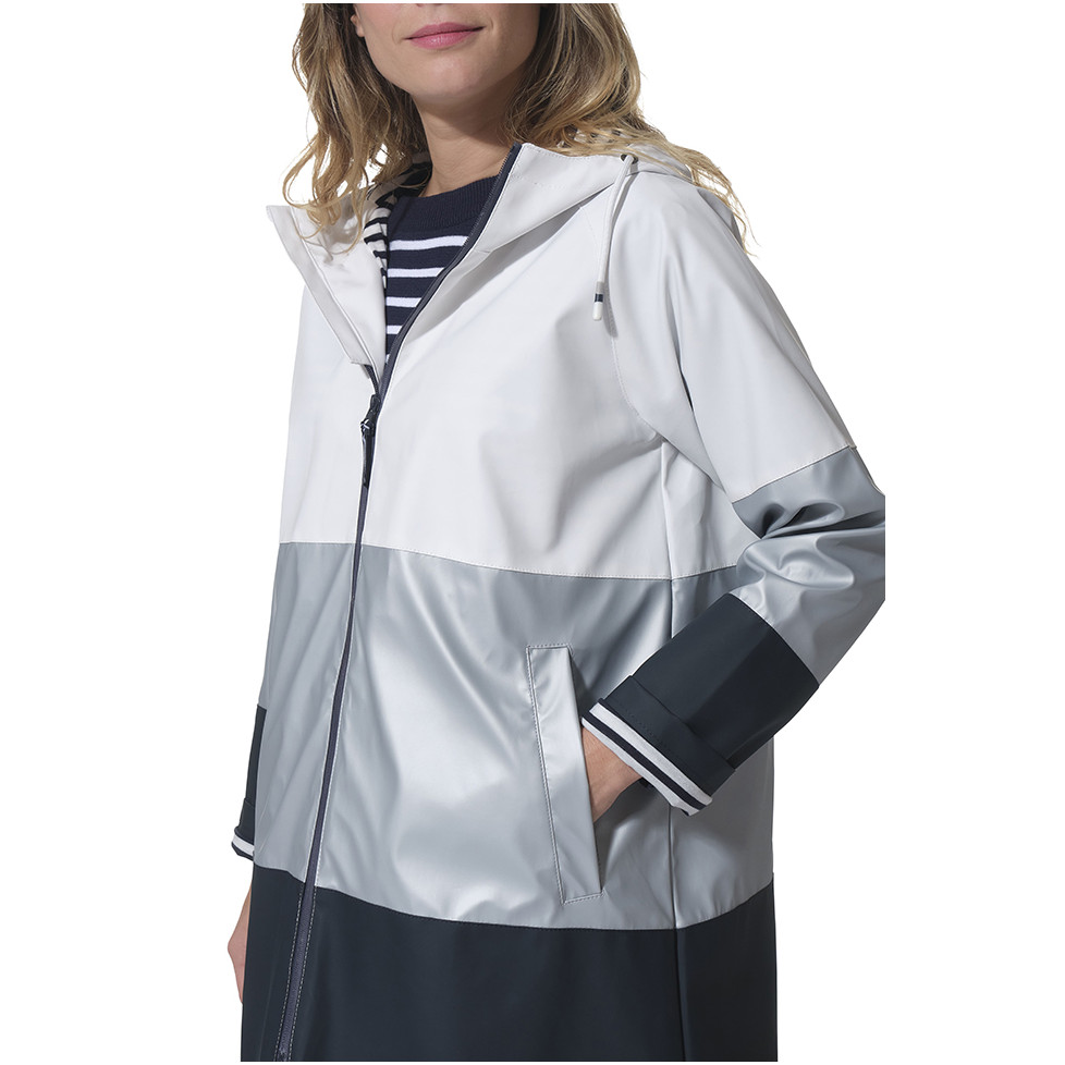 "NAUSICA" NAUTICAL WHITE, SILVER AND NAVY BLUE RAINCOAT FOR WOMEN