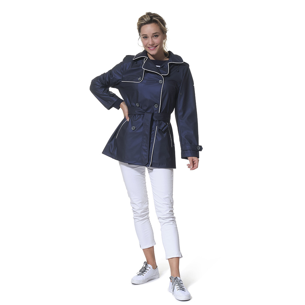 "MEGG MET" WOMEN'S METALLIC BLUE TRENCH COAT WITH HOOD