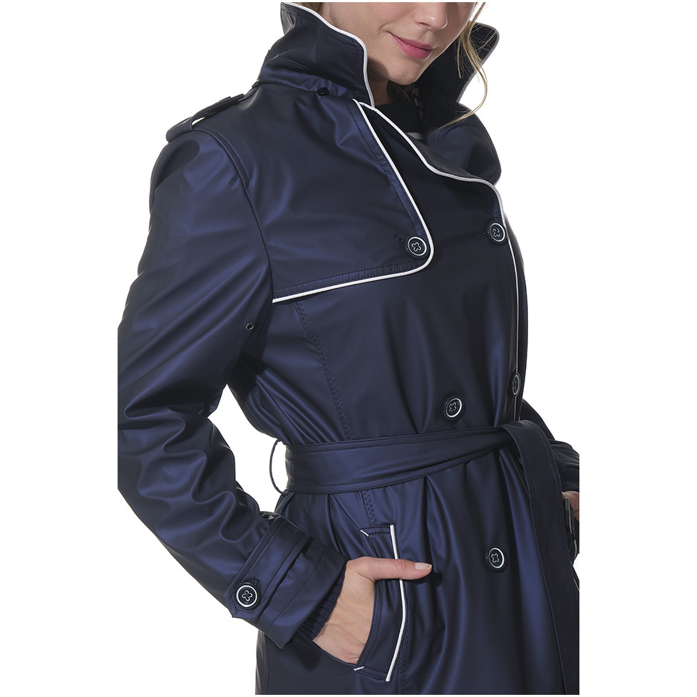 "MEGG MET" WOMEN'S METALLIC BLUE TRENCH COAT WITH HOOD